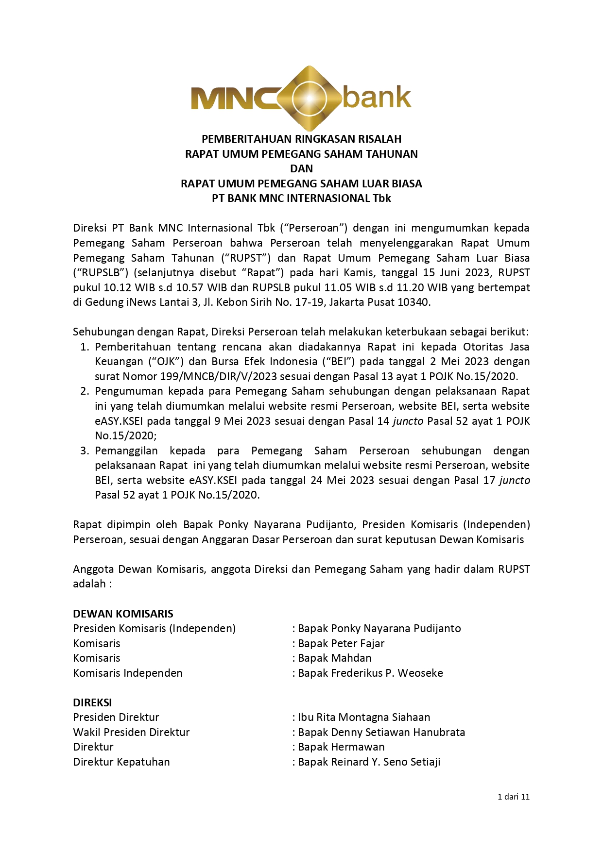 Pemberitahuan Ringkasan Risalah RUPS-T dan RUPS-LB - MNC